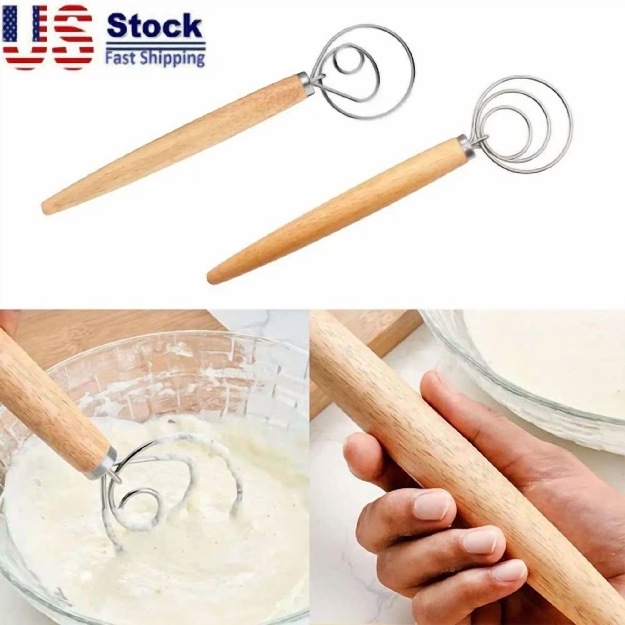 2X Stainless Steel Danish Dough Whisk Kitchen Dutch Dough Wisk Hand ...
