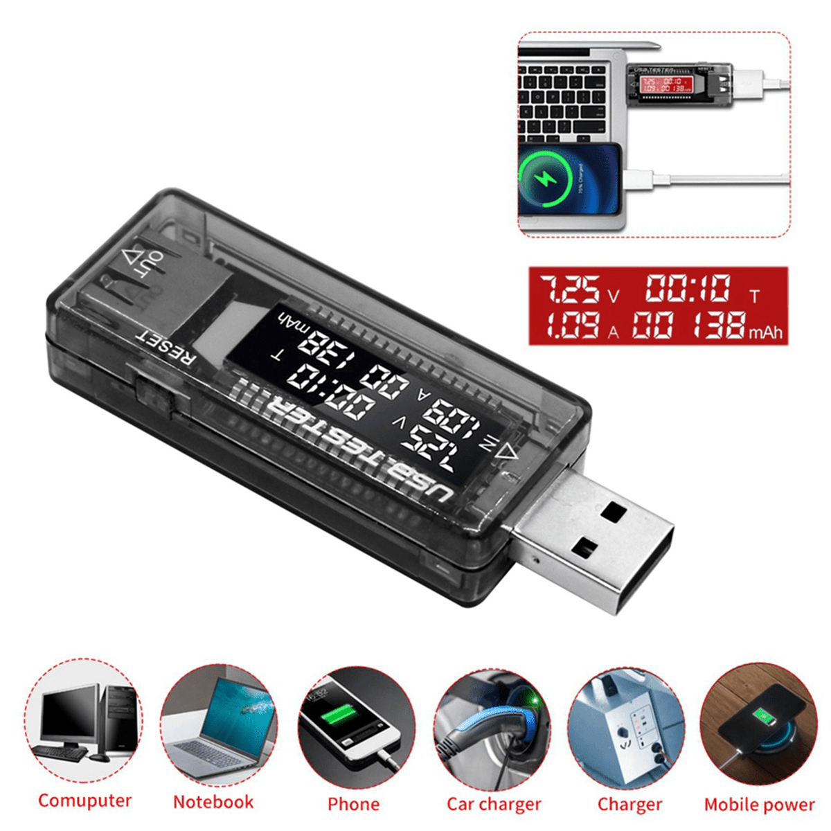 2X USB Tester Current Voltage Charger Capacity Tester Volt Meter ...