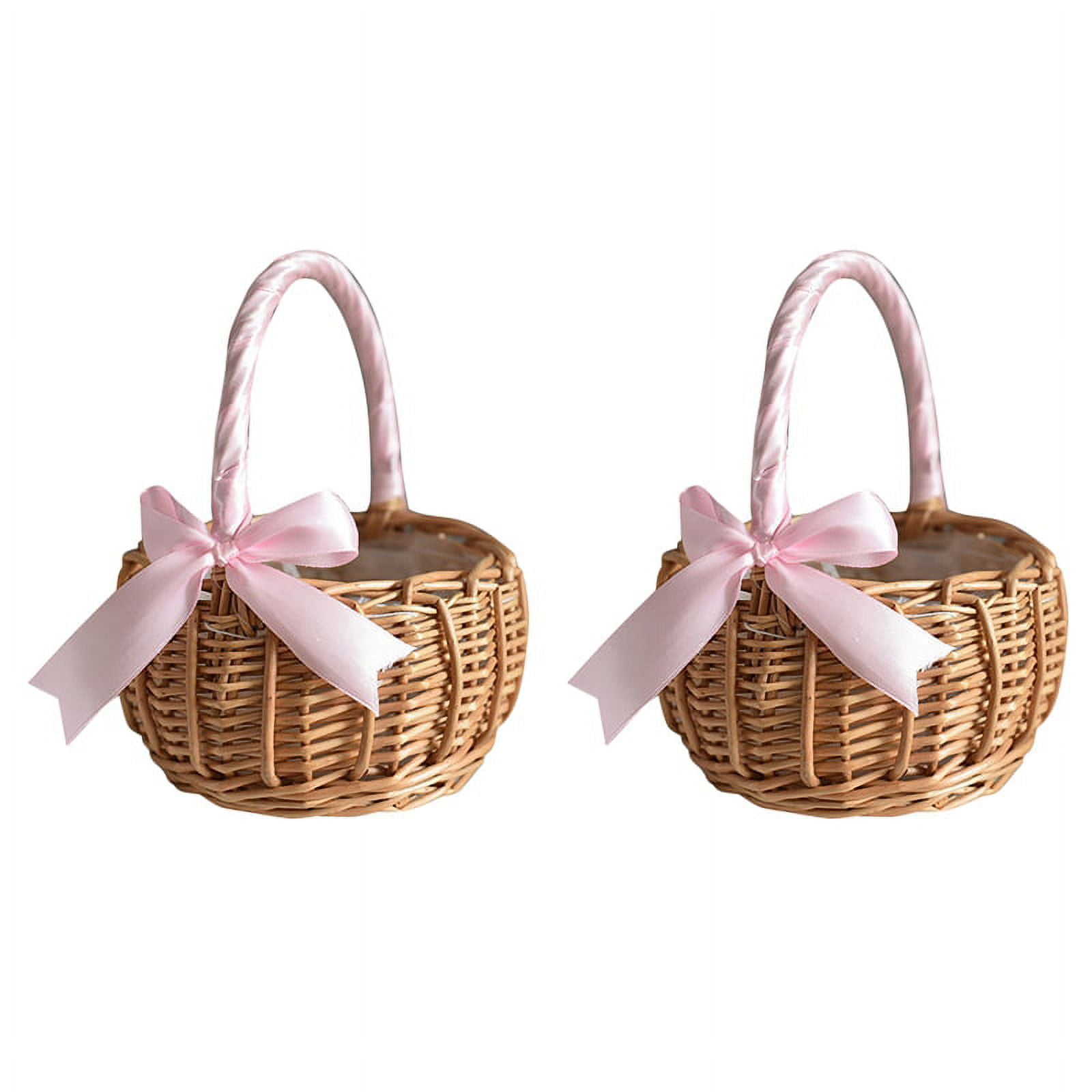 2X Wicker Woven Flower Basket, with Handle and Pink Ribbon, Wedding ...