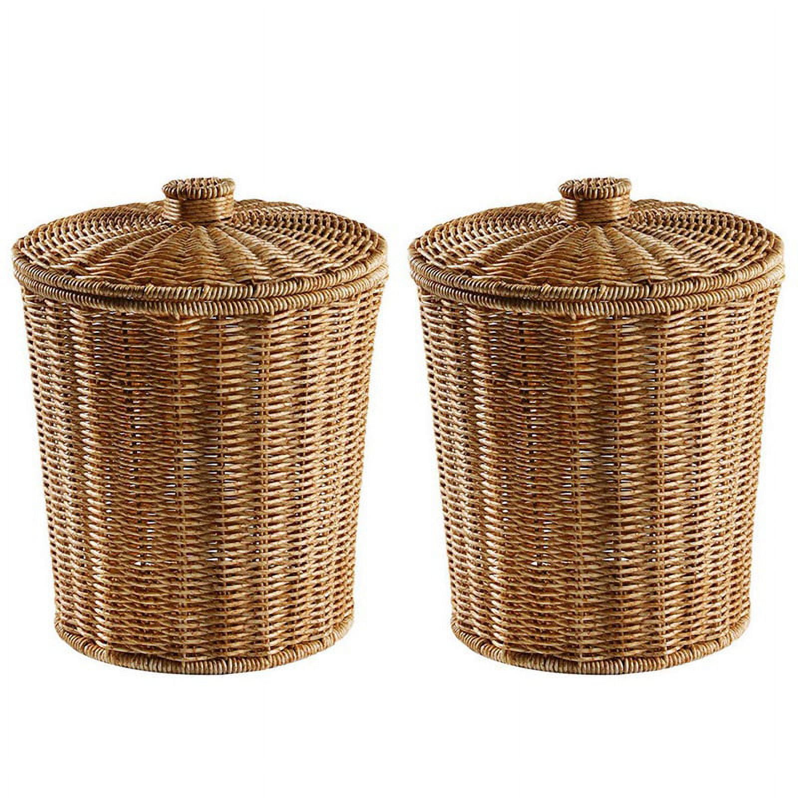 2X Woven Basket Trash Can Round Rattan Waste with Lid Planter Storage ...