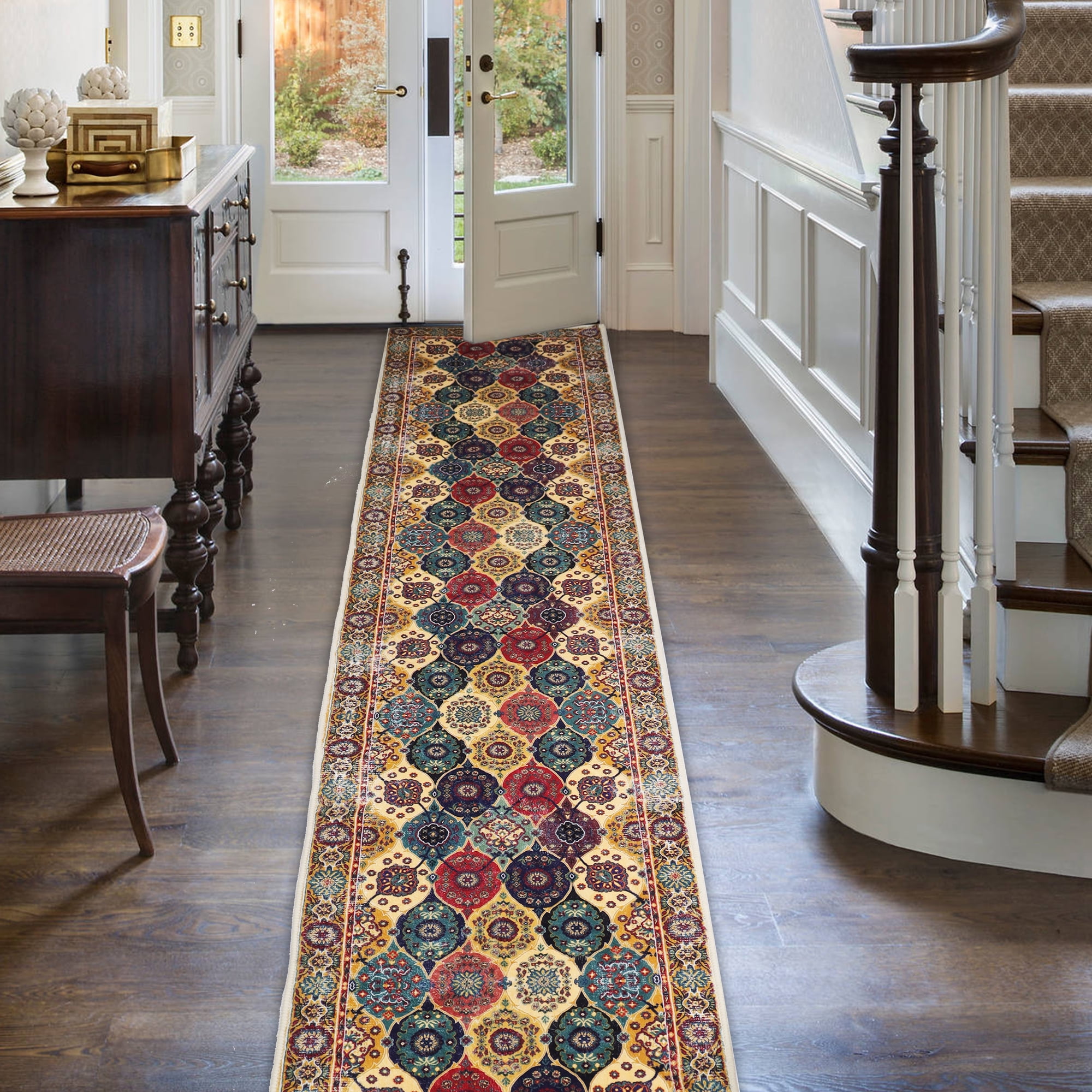 2X10ft Vintage Oriental Runner Rug, Colorful Medallion Pattern Hallway ...