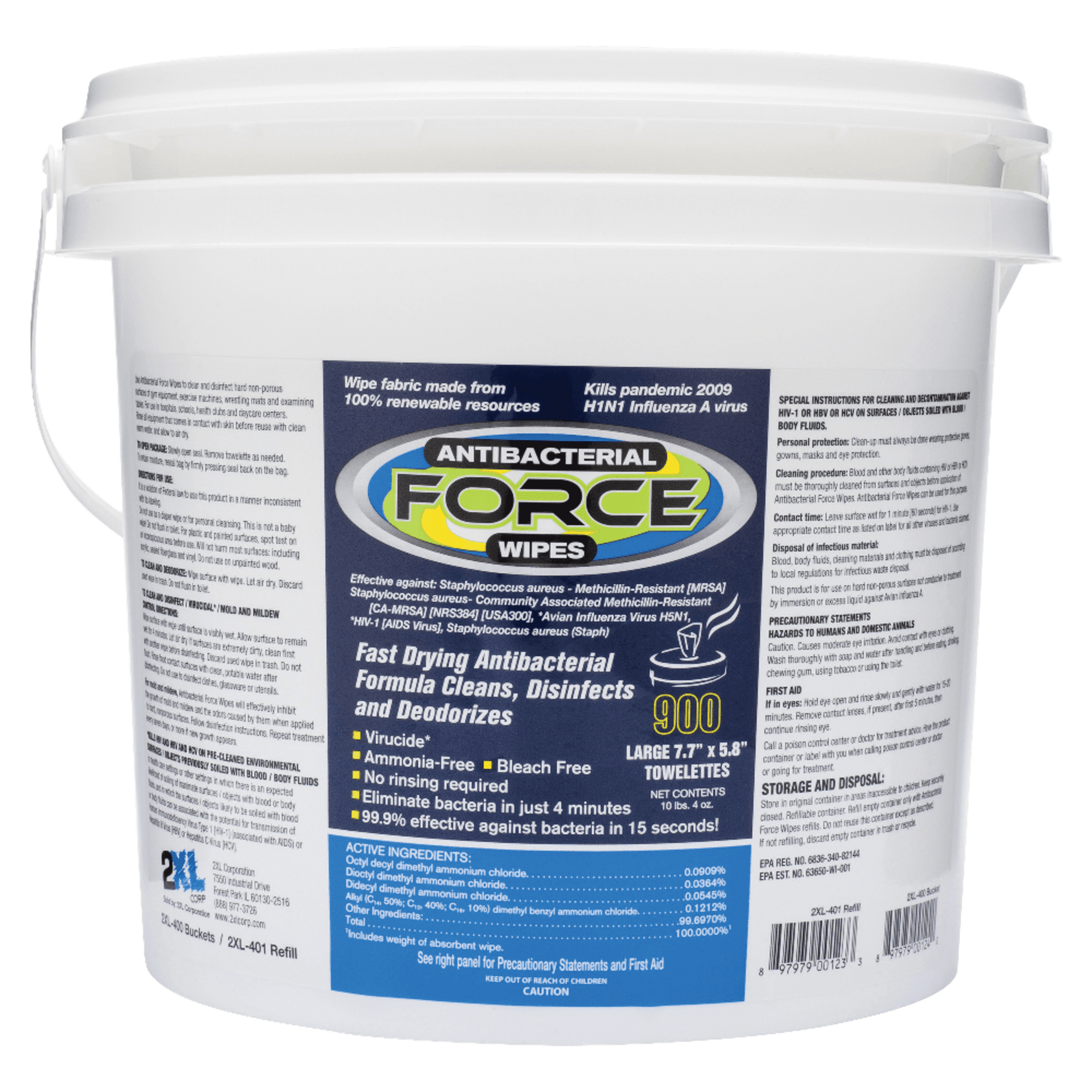 2XL Force Antibacterial Wipes, 6" x 8", White, Bucket Of 900 - Walmart.com