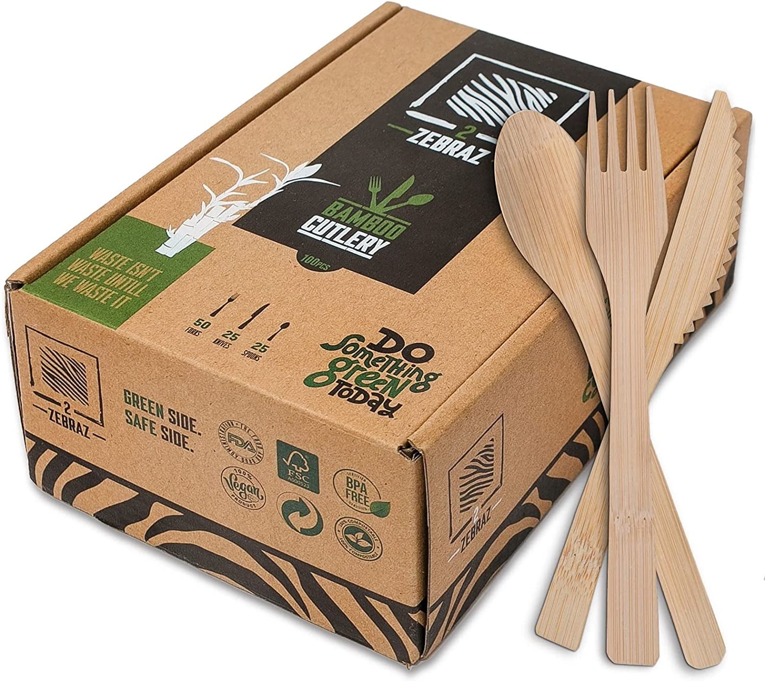 2ZEBRAZ Bamboo Cutlery Set – 100 Disposable Utensils (50 Forks, 25 ...