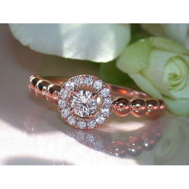 2ct Round Lab-Created Diamond Ball Shape Shank Halo Ring 14k Rose Gold ...