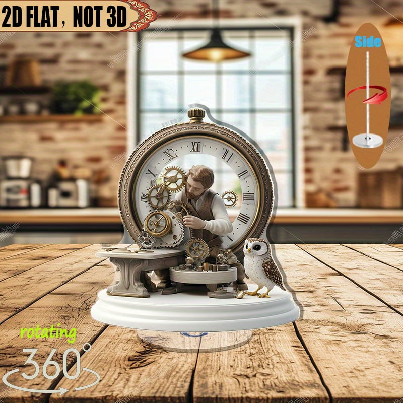 [2d flat] 1pc Rotating acrylic display featuring a watchmaker assembling a pocket watch with an ...