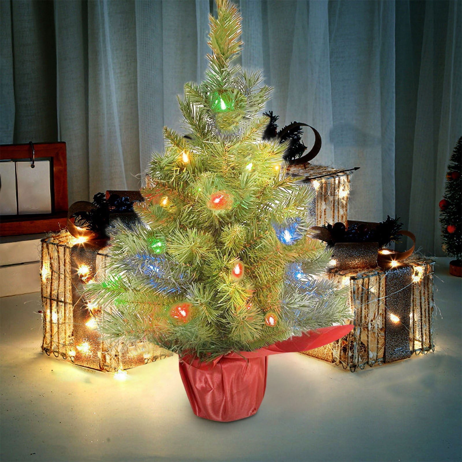2ft Pre-lit Artificial Mini Christmas Tree,Small Xmas Pine Tree with 50 ...