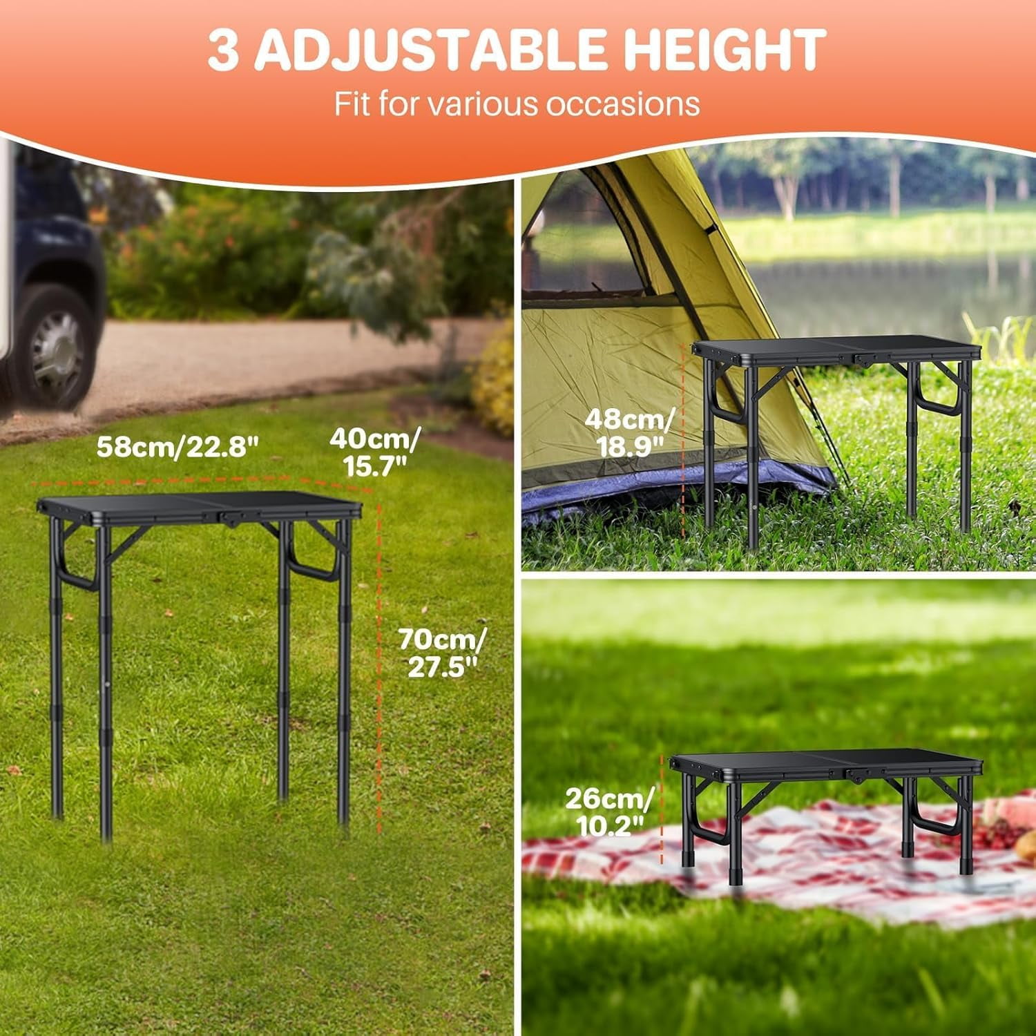 2ft Small Folding Camping Table(22.8'' Lx15.7'' W), 3 Height Adjustable ...