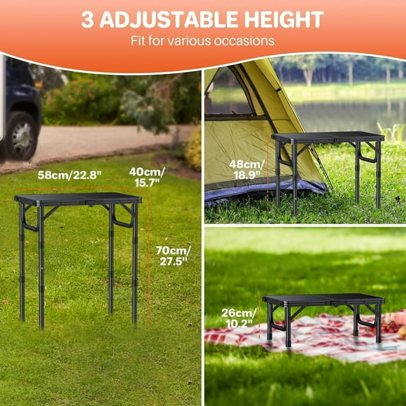 2ft Small Folding Camping Table(22.8'' Lx15.7'' W), 3 Height Adjustable ...