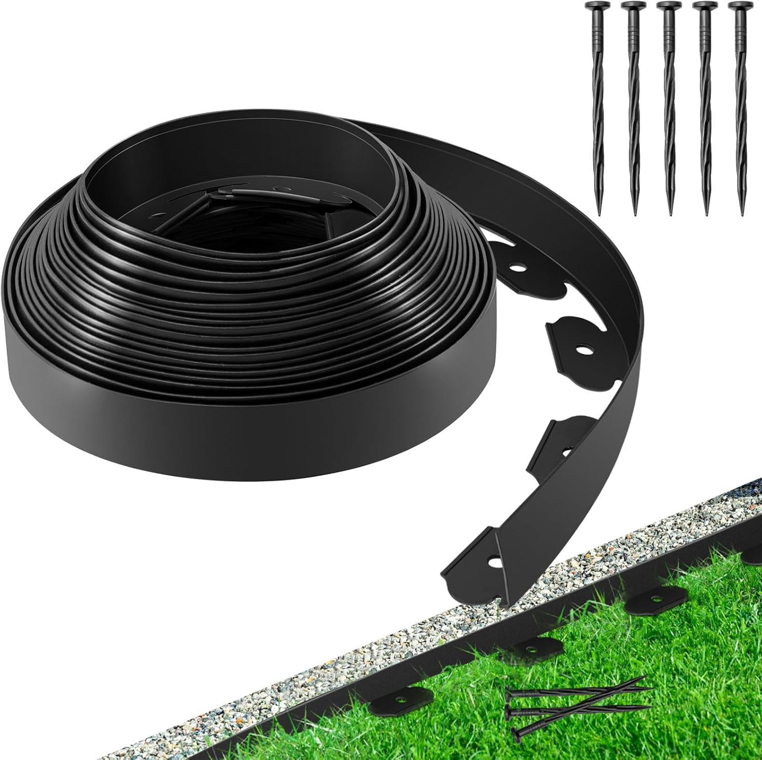 2in Landscape Edging Border 100 FT with 100 Spikes, Black No-Dig Garden ...