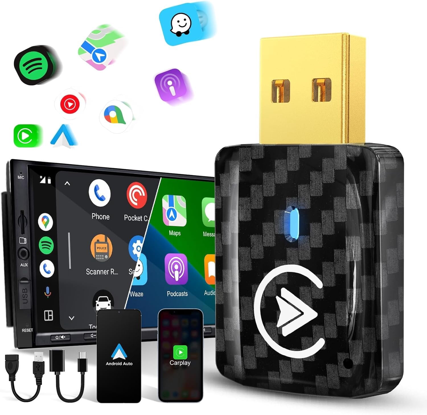 2in1 Adapter Adapter, Mini USB Small Dongle Auto Connect, Play Play ...