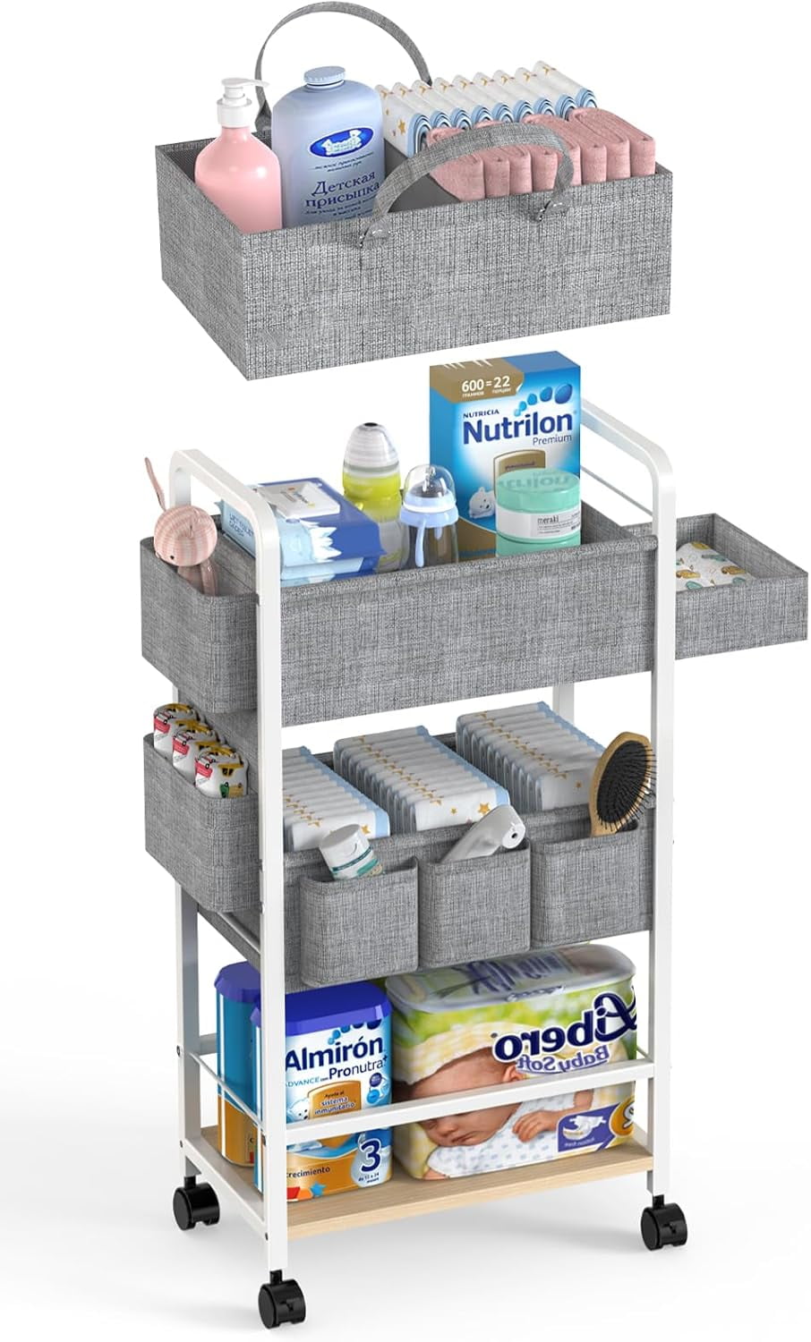 2in1 Baby Diaper Cart, Diaper Caddy & 4-Tier Organizer Cart With Wheels ...