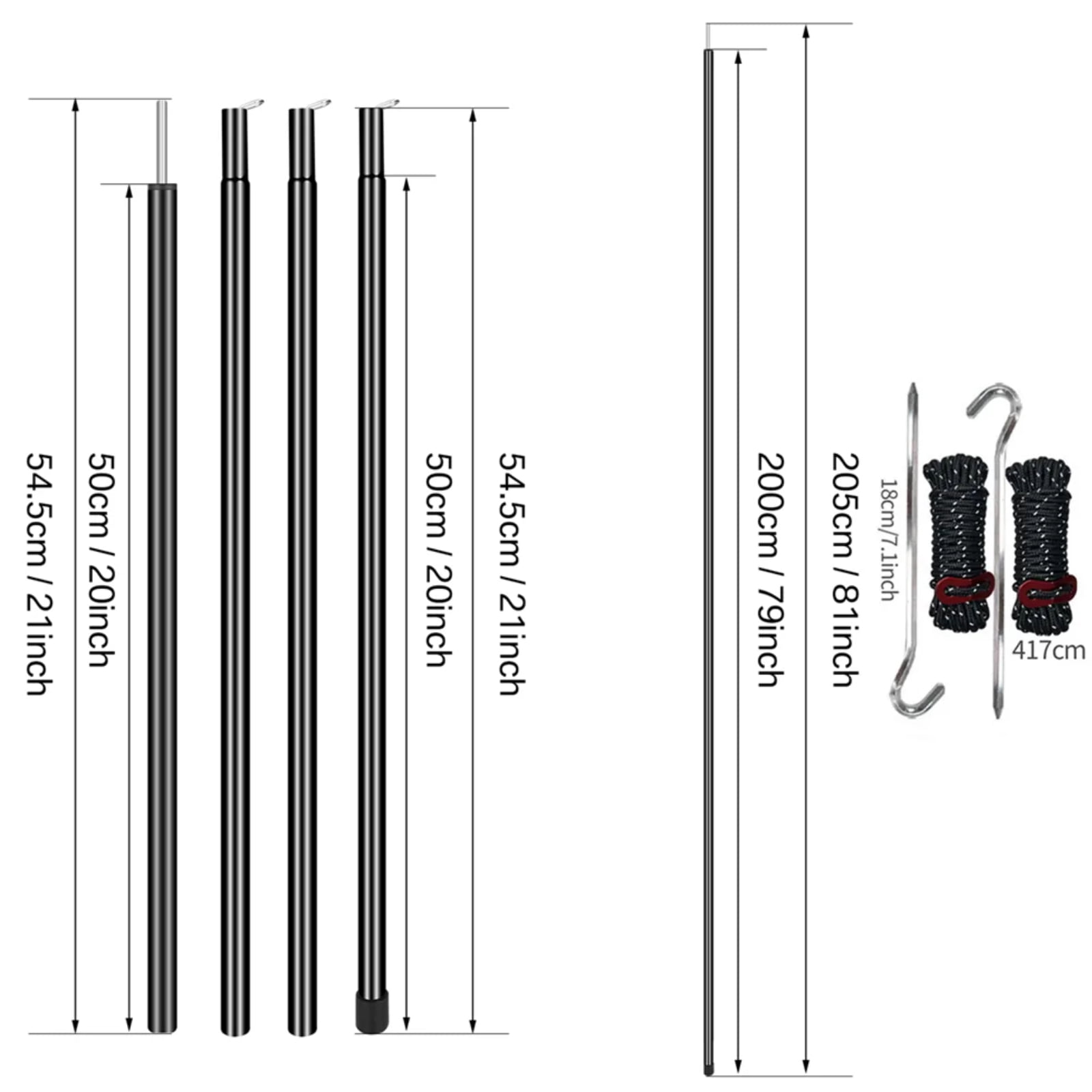 2m Telescopic Tent Poles Set of 2 Lightweight Adjustable Trekking ...