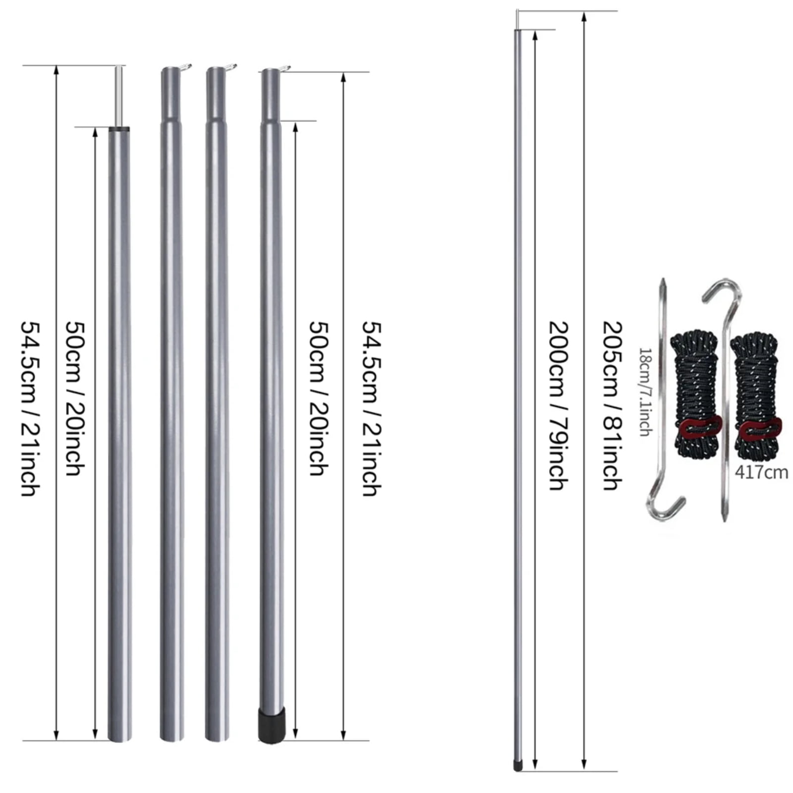 2m Telescopic Tent Poles Set of 2 Lightweight Adjustable Trekking ...