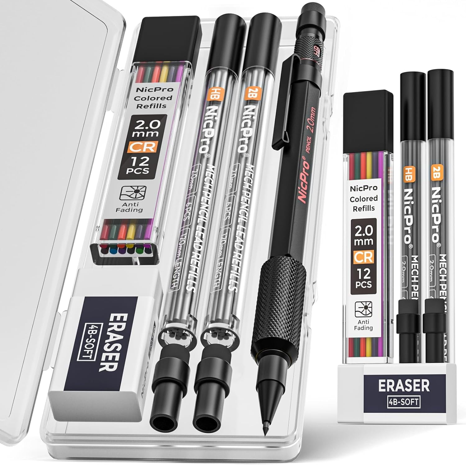 2mm Mechanical Pencils Set with Case, 12 Black Lead Refills,12 Colored ...