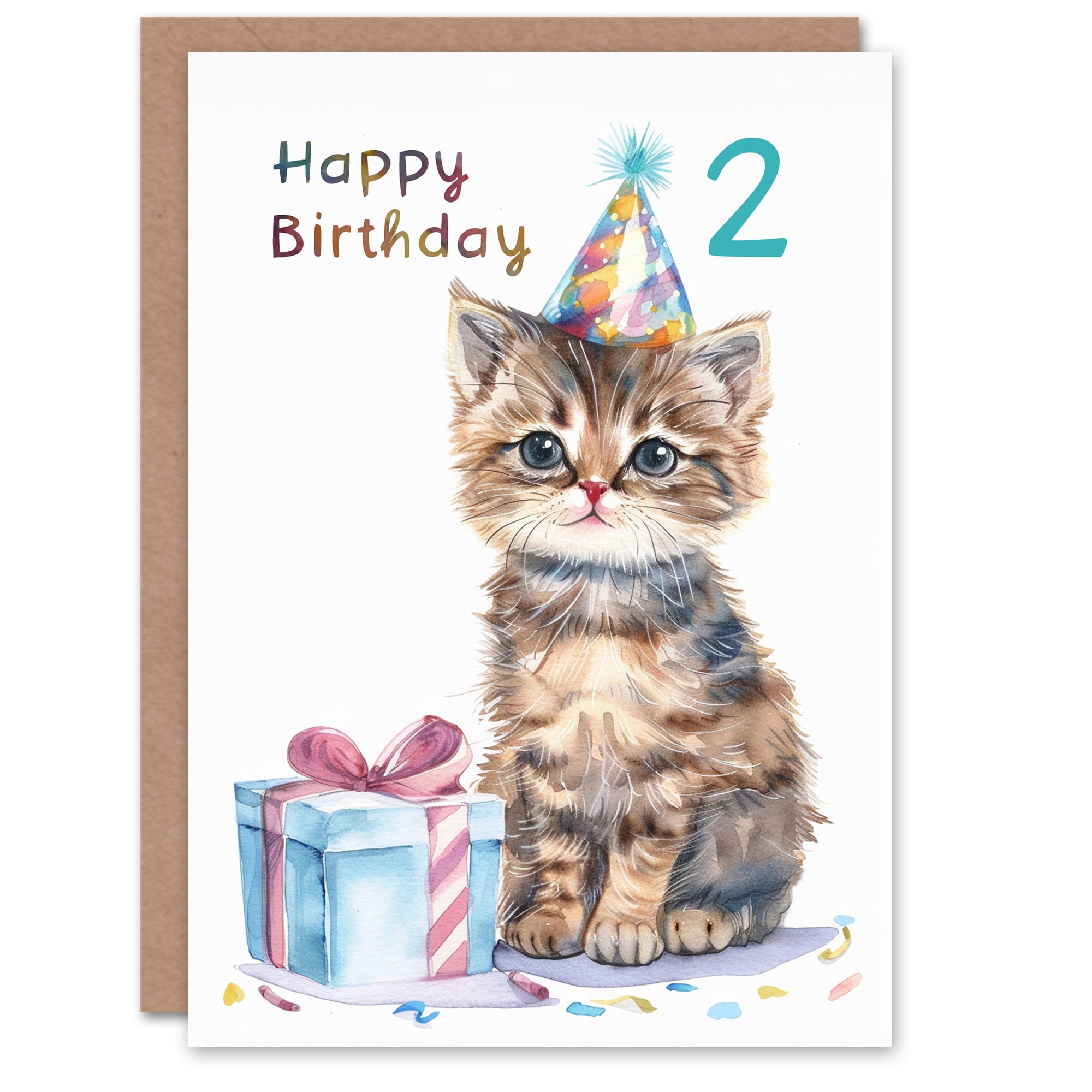 2nd Birthday Card Cute Baby Cat Kitten Party Hat Kids Age 2 Year Old ...