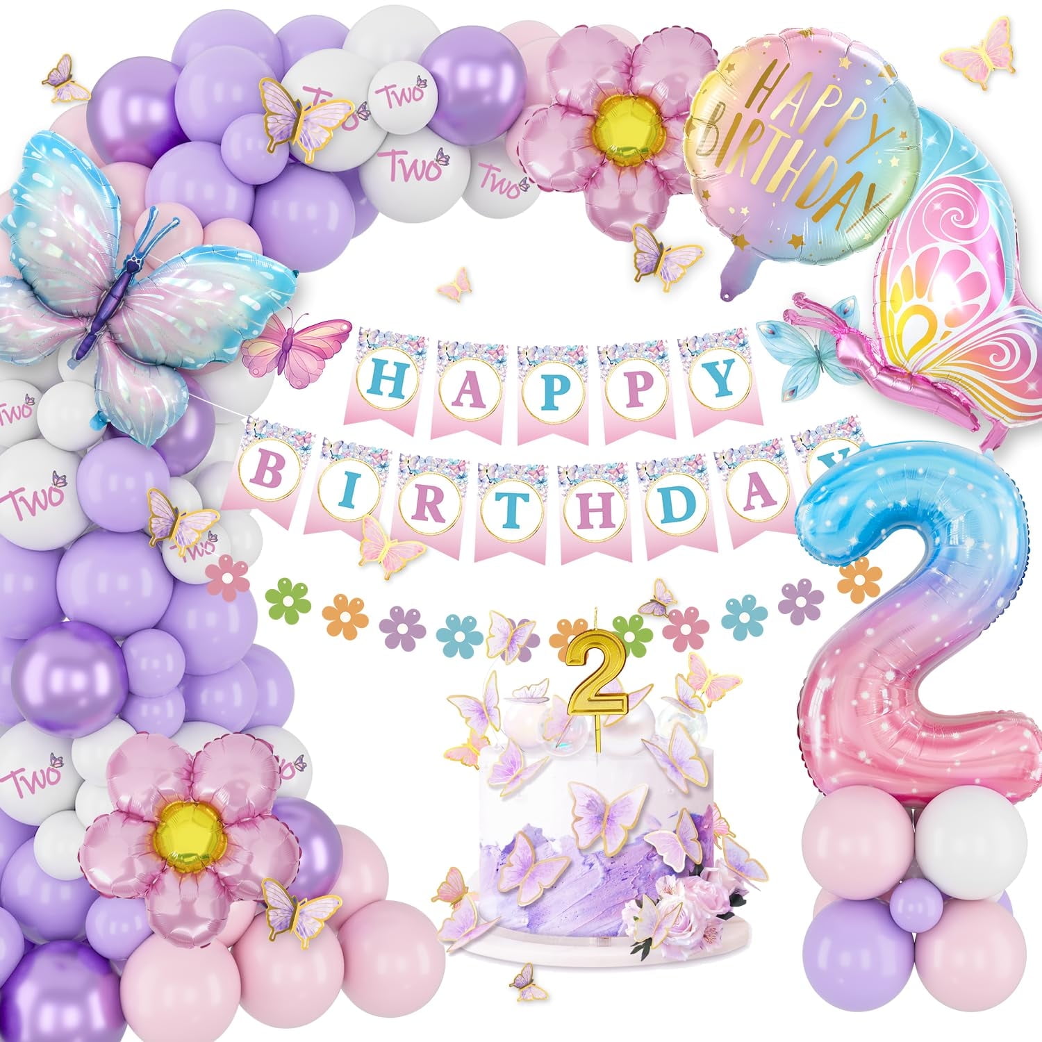 2nd Birthday Decorations for Girls, Pink Purple Balloons, Butterfly ...