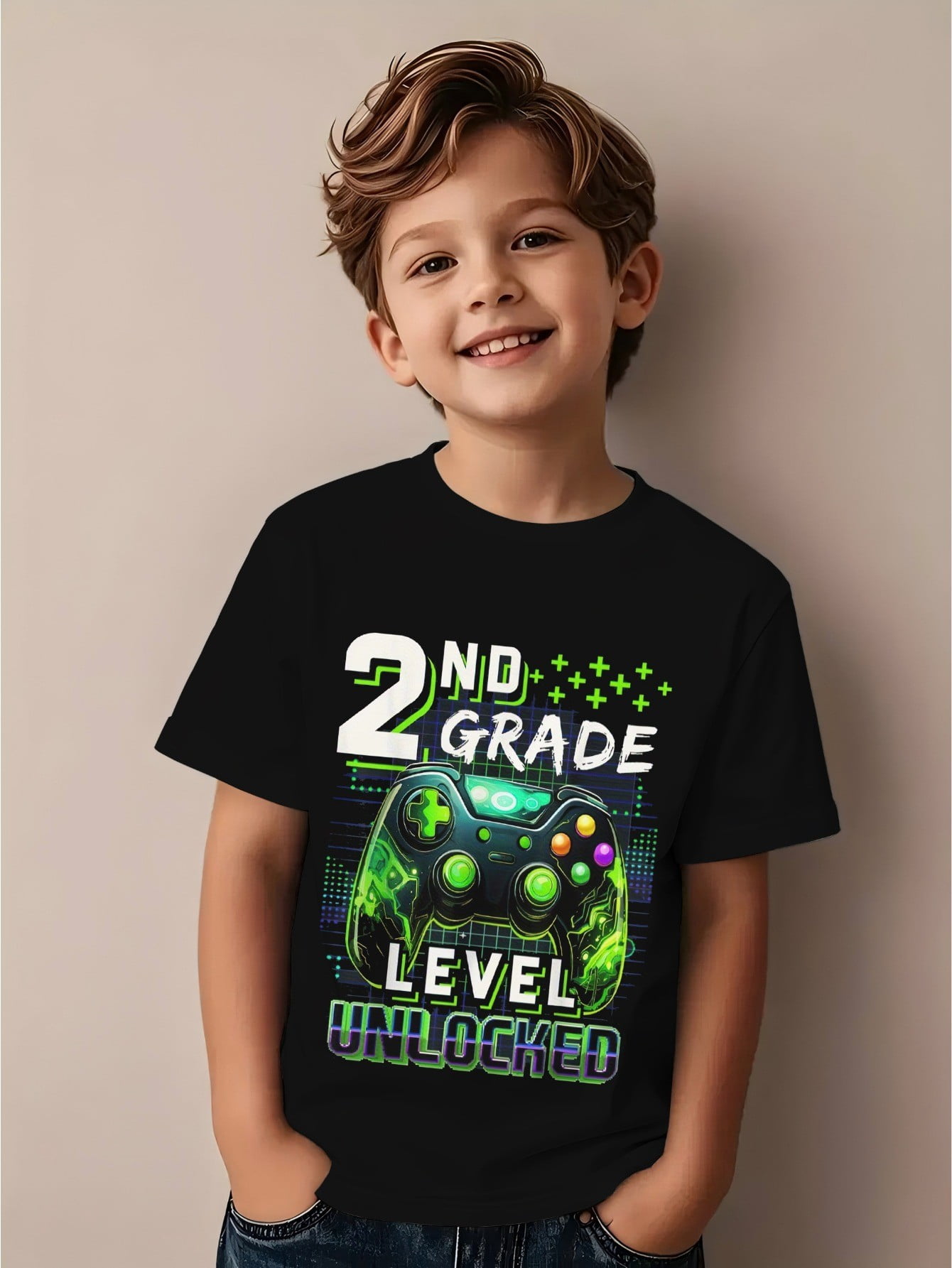 2nd Grade Boys' T-Shirt - Short Sleeve Round Neck, Vibrant Gaming Controller Graphic, "2nd Grade ...