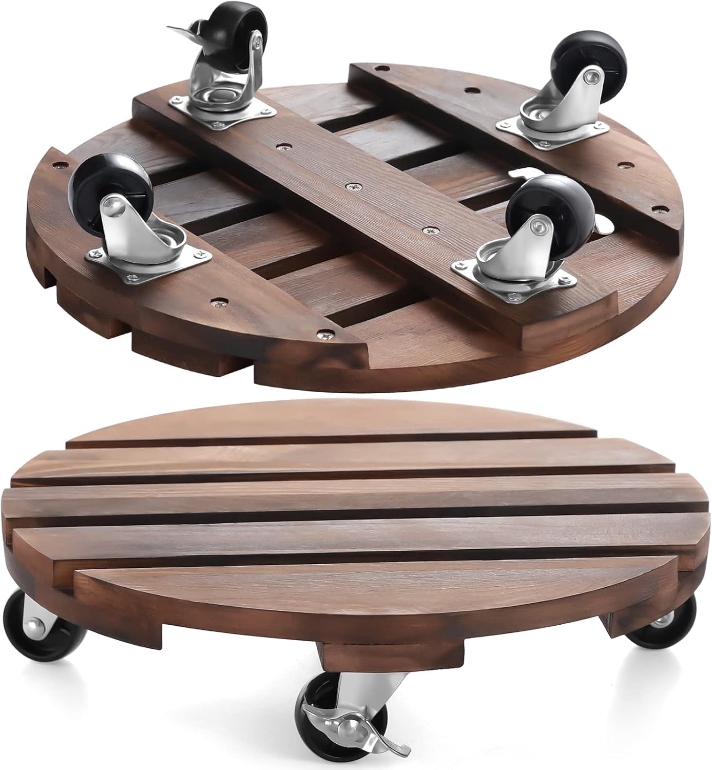 2pack 12" Plant Caddy Stand with Wheels Rolling Heavy Duty Wooden Round ...