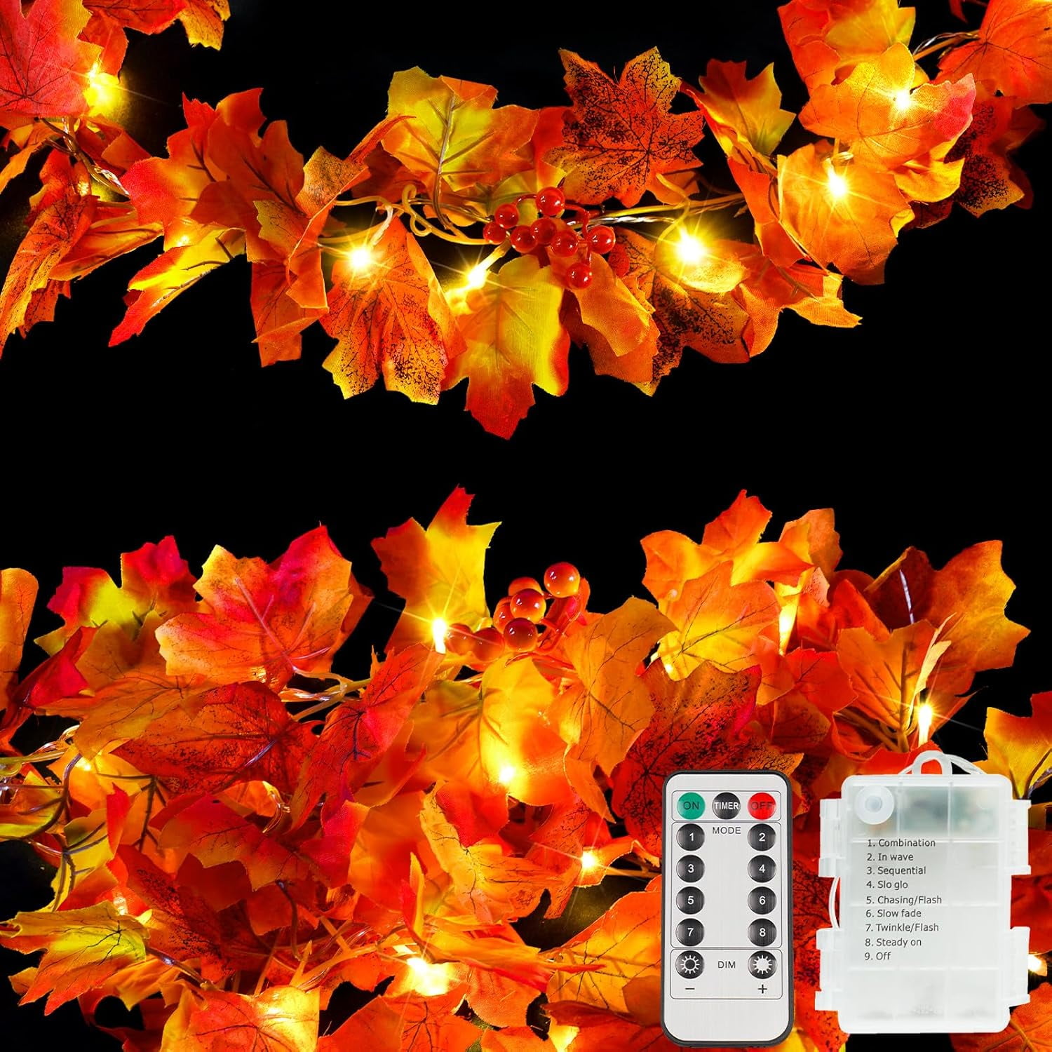 2pack Fall Garland with Lights Battery Operated, 10 LED Lighted Orange ...