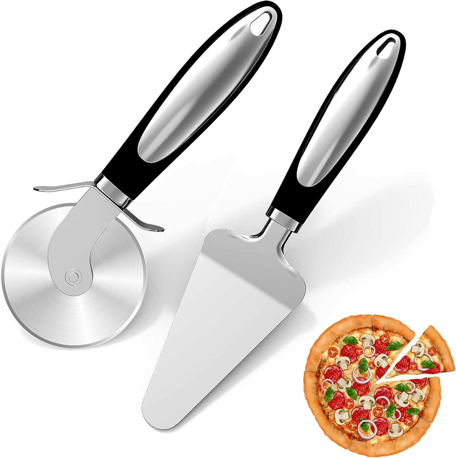 2pack pizza cutter wheel and pizza peel, non-slip handle, finger guard ...
