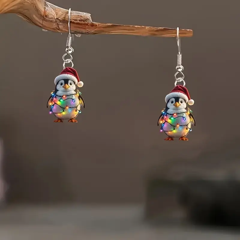 2pair Cute LED Penguin Christmas Hat Charm Acrylic Pendant Earrings for ...
