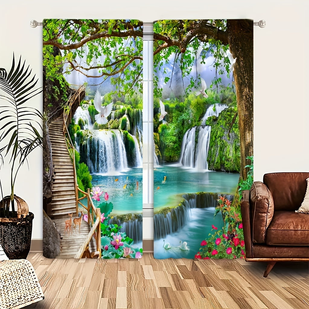 2panels Beautiful Forest Scenery Natural Curtain Waterfall Landscape ...