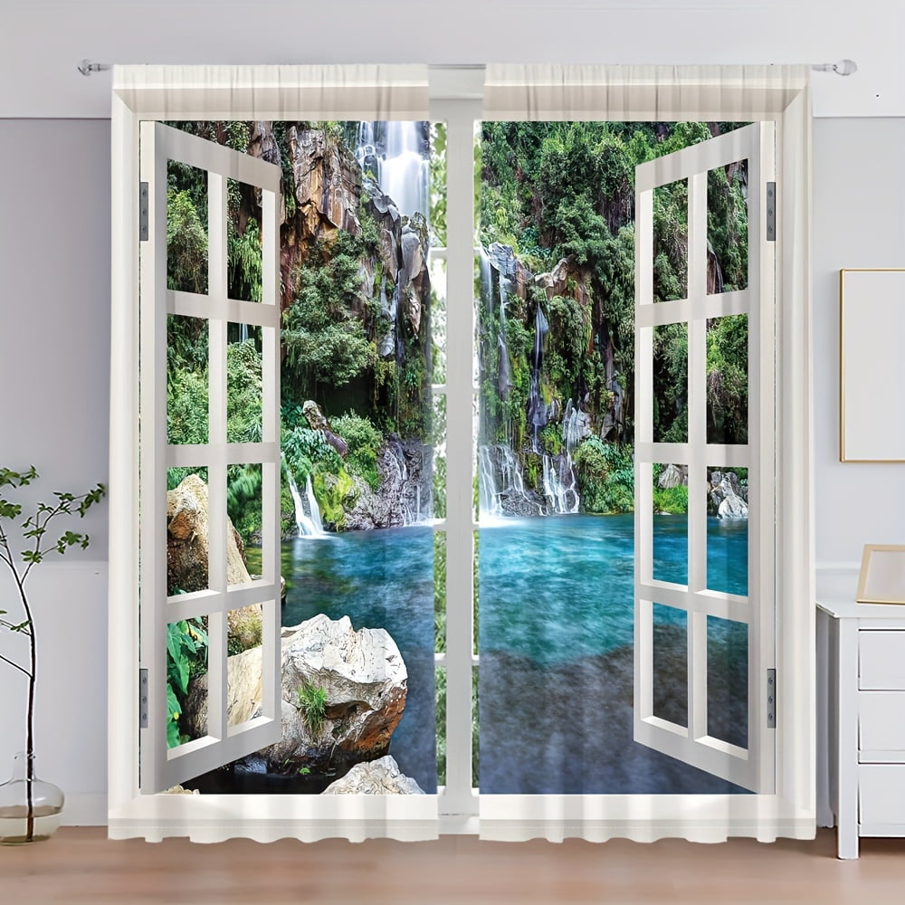 2panels Beautiful Forest Scenery Natural Curtain Waterfall Landscape ...