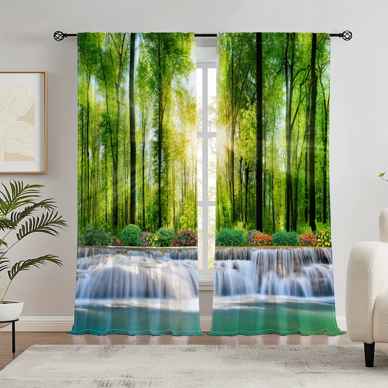 2panels Beautiful Forest Scenery Natural Curtain Waterfall Landscape ...
