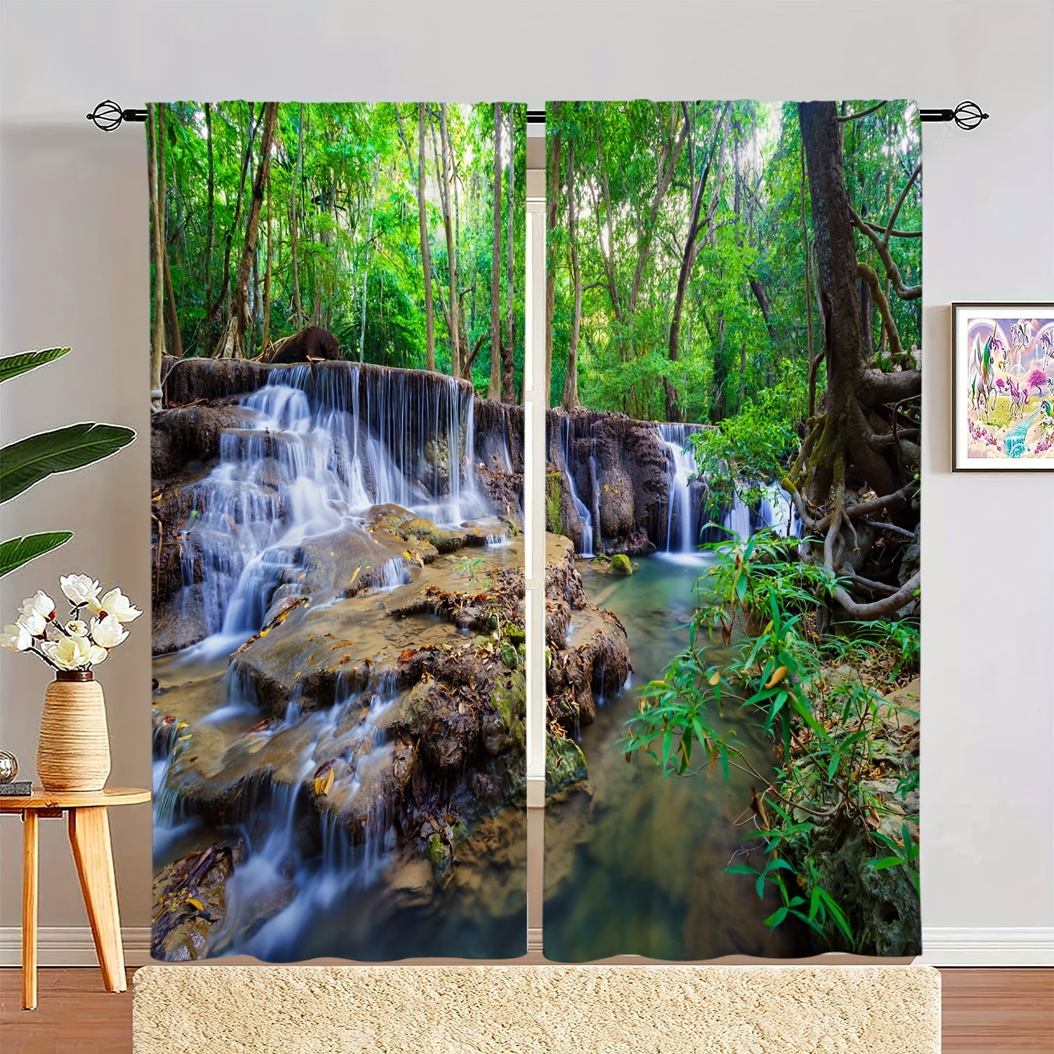 2panels Beautiful Forest Scenery Natural Curtain Waterfall Landscape ...