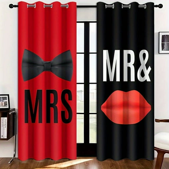 2panels Black & Red Color-Blocked Background Curtains Couple Mr. Ladies ...
