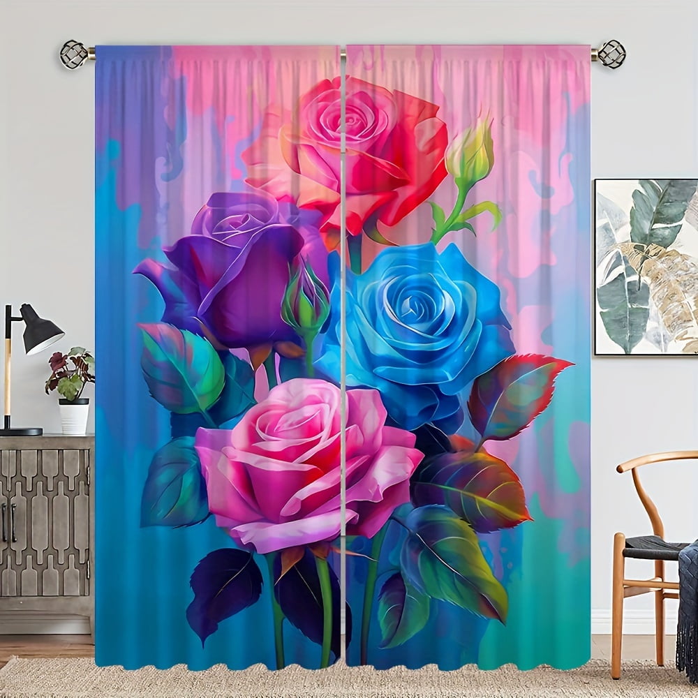 2panels Blooming Roses Printed Curtain For Bedroom Office Kitchen ...