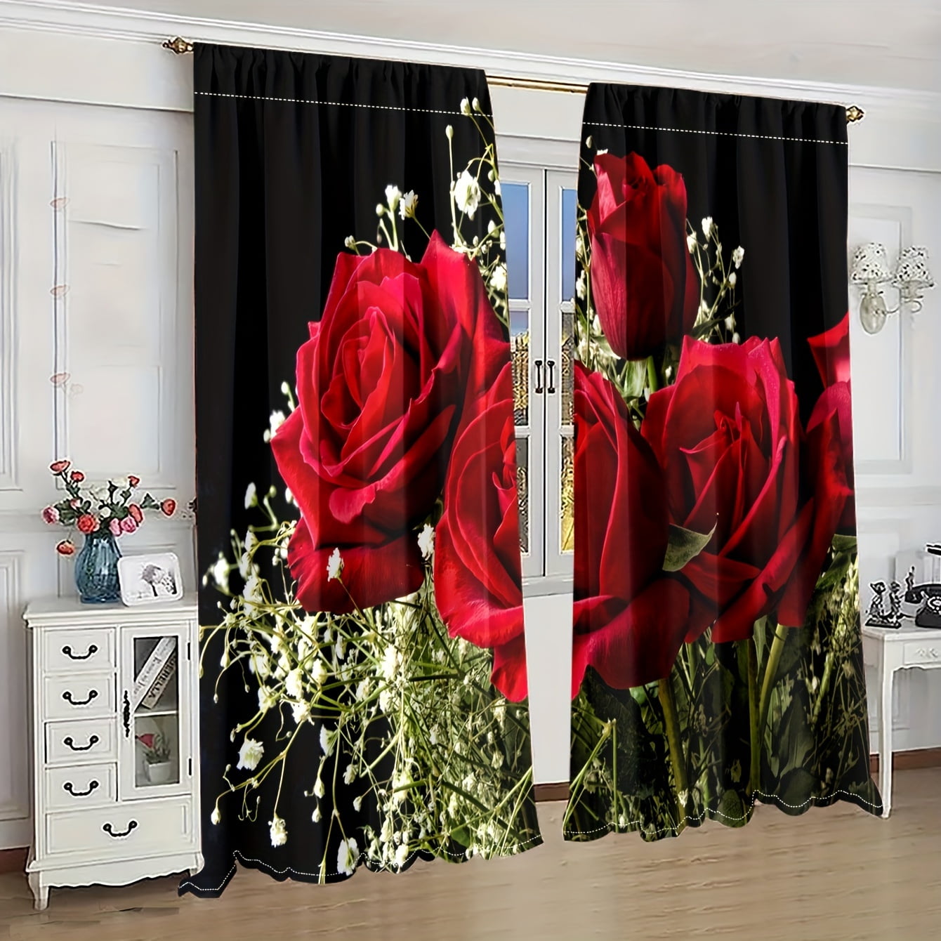 2panels Blooming Roses Printed Curtain For Bedroom Office Kitchen ...
