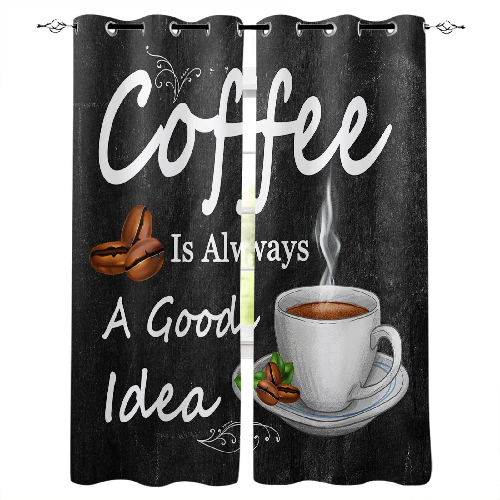 2panels Coffee Text Graffiti Black Background KitchenWindow Curtain for ...