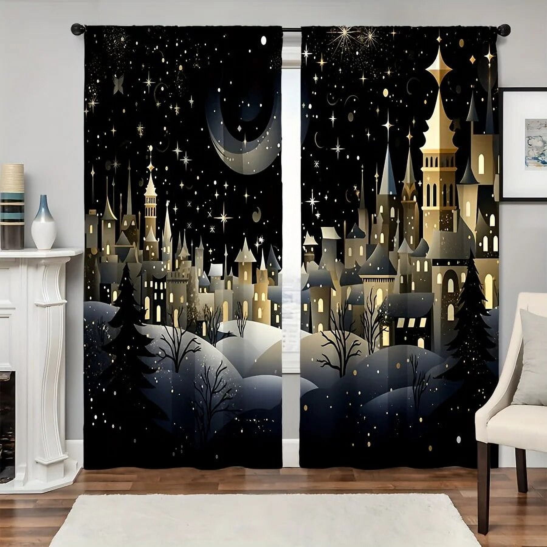 2panels Retro Castle St Bridge City Landscape Printed Curtain Rod ...