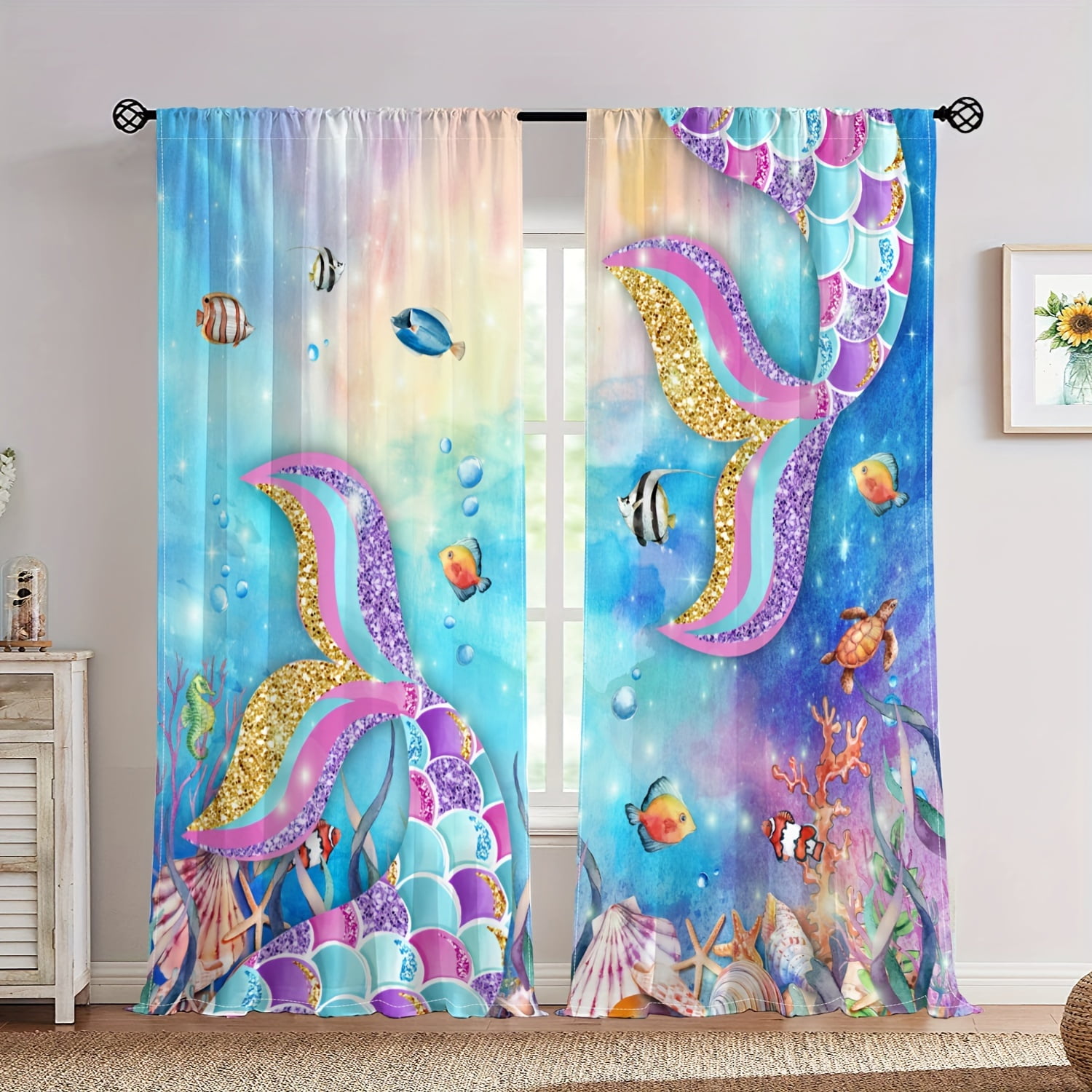 2panels Skystar Spring Summer Colorful Ocean Sequins Print Curtain ...