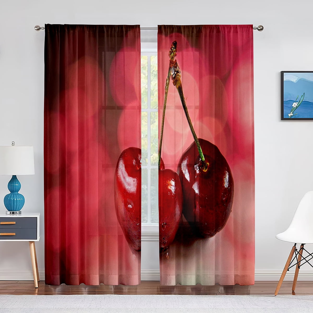 2panels cortinas Fruit Cherry Pattern Design Pink Sheer Curtain for ...