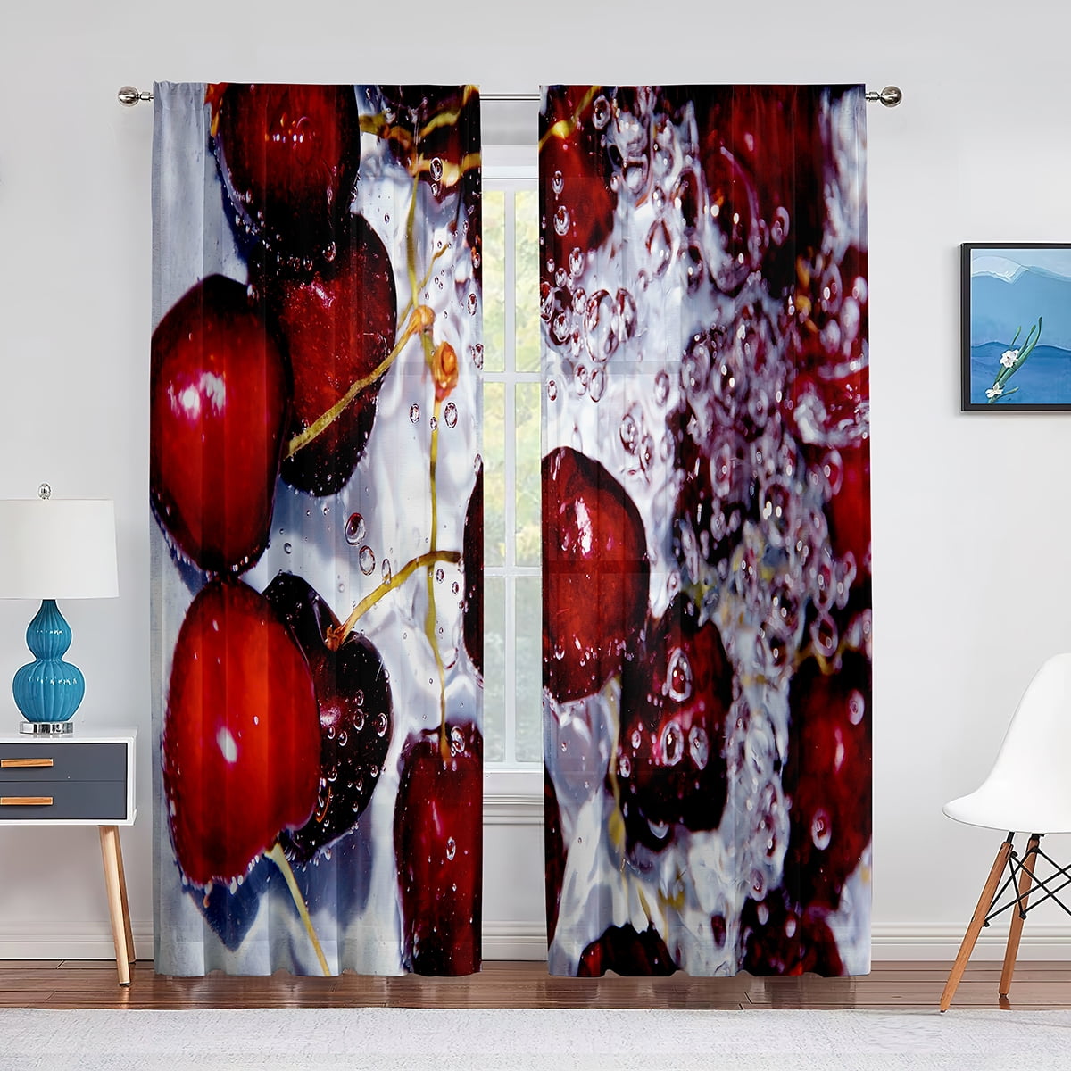 2panels cortinas Fruit Cherry Pattern Design Pink Sheer Curtain for ...