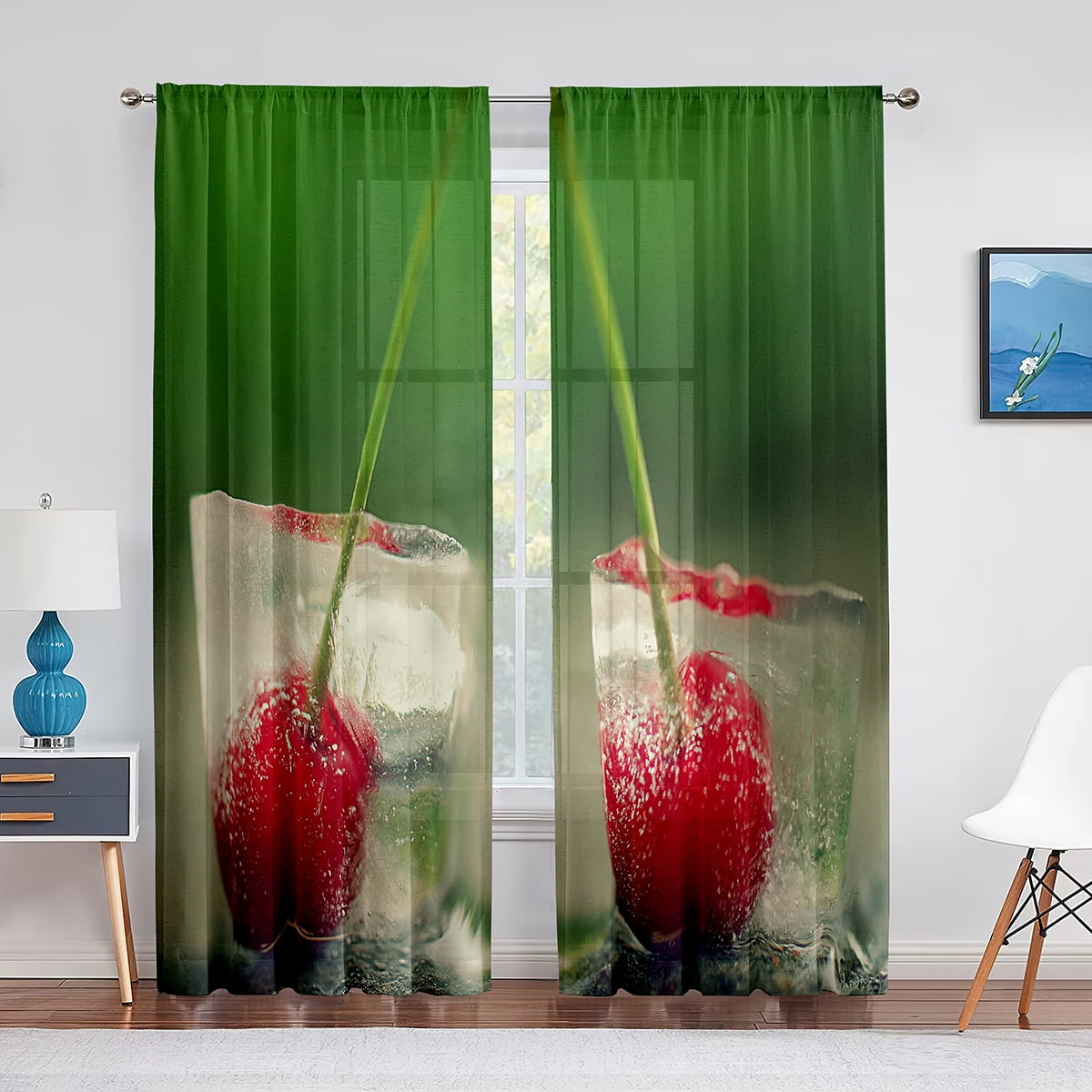 2panels cortinas Fruit Cherry Pattern Design Pink Sheer Curtain for ...