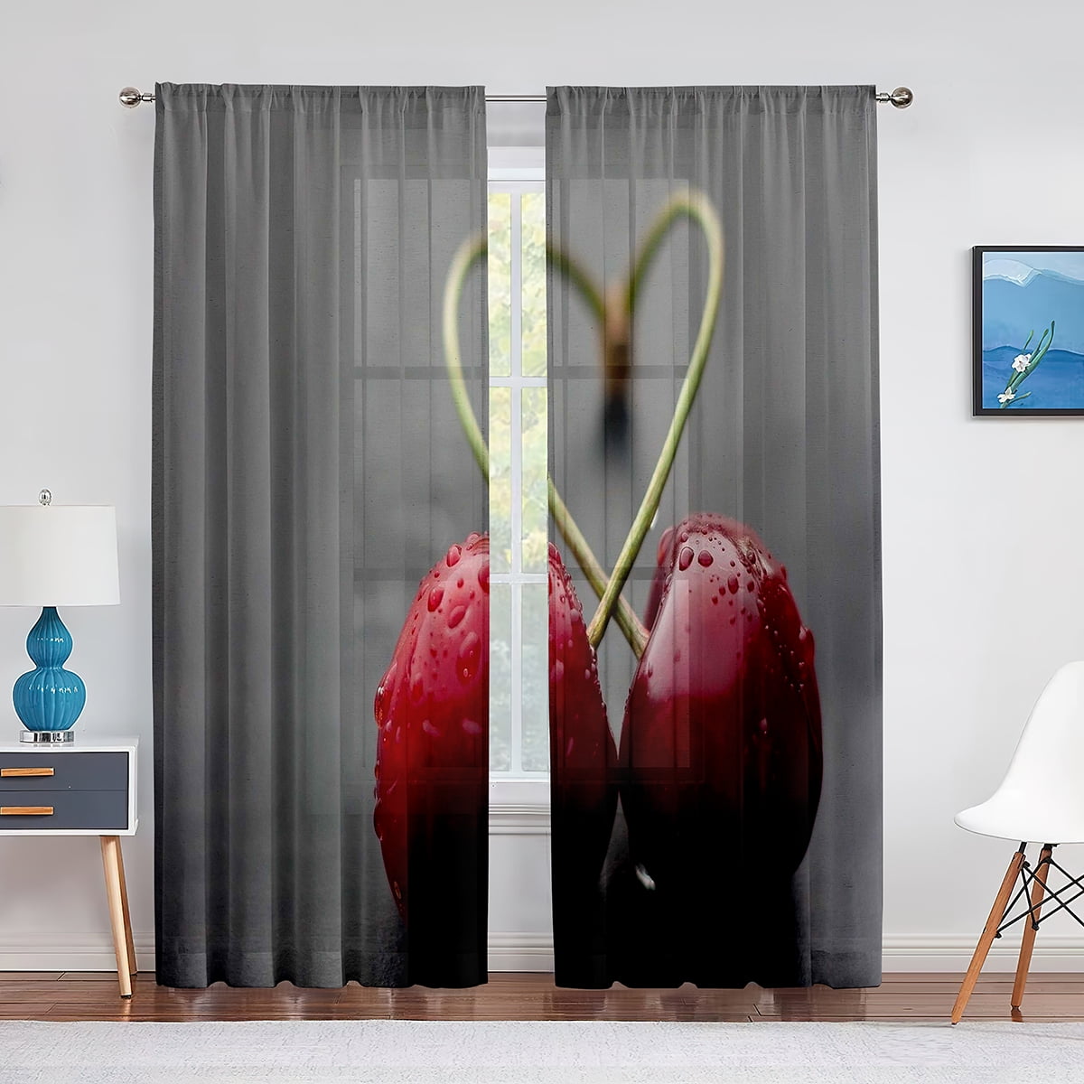 2panels cortinas Fruit Cherry Pattern Design Pink Sheer Curtain for ...