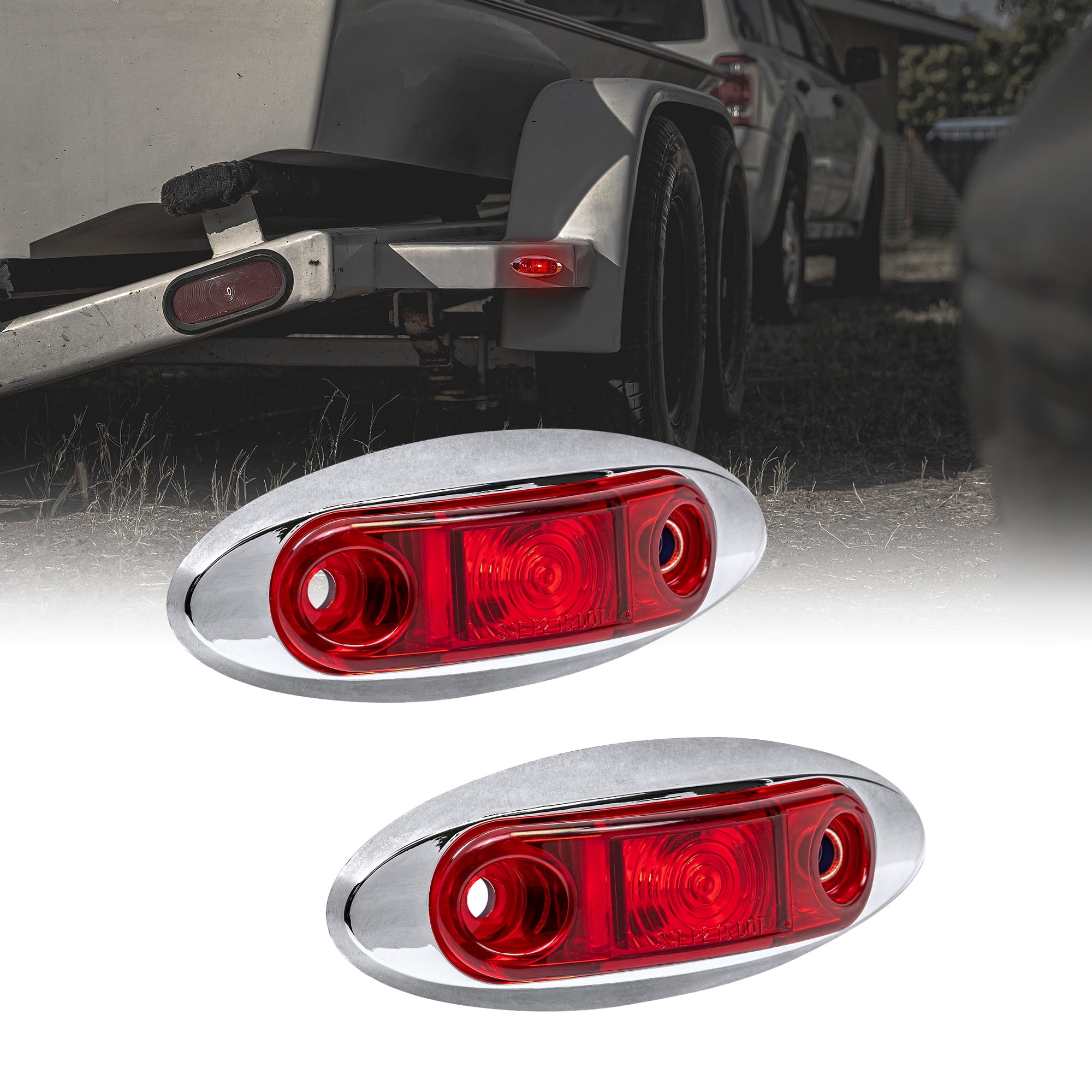 2pc 2.5" Red LED Trailer Marker Light Chrome Bezel DOT FMVSS 108 SAE ...