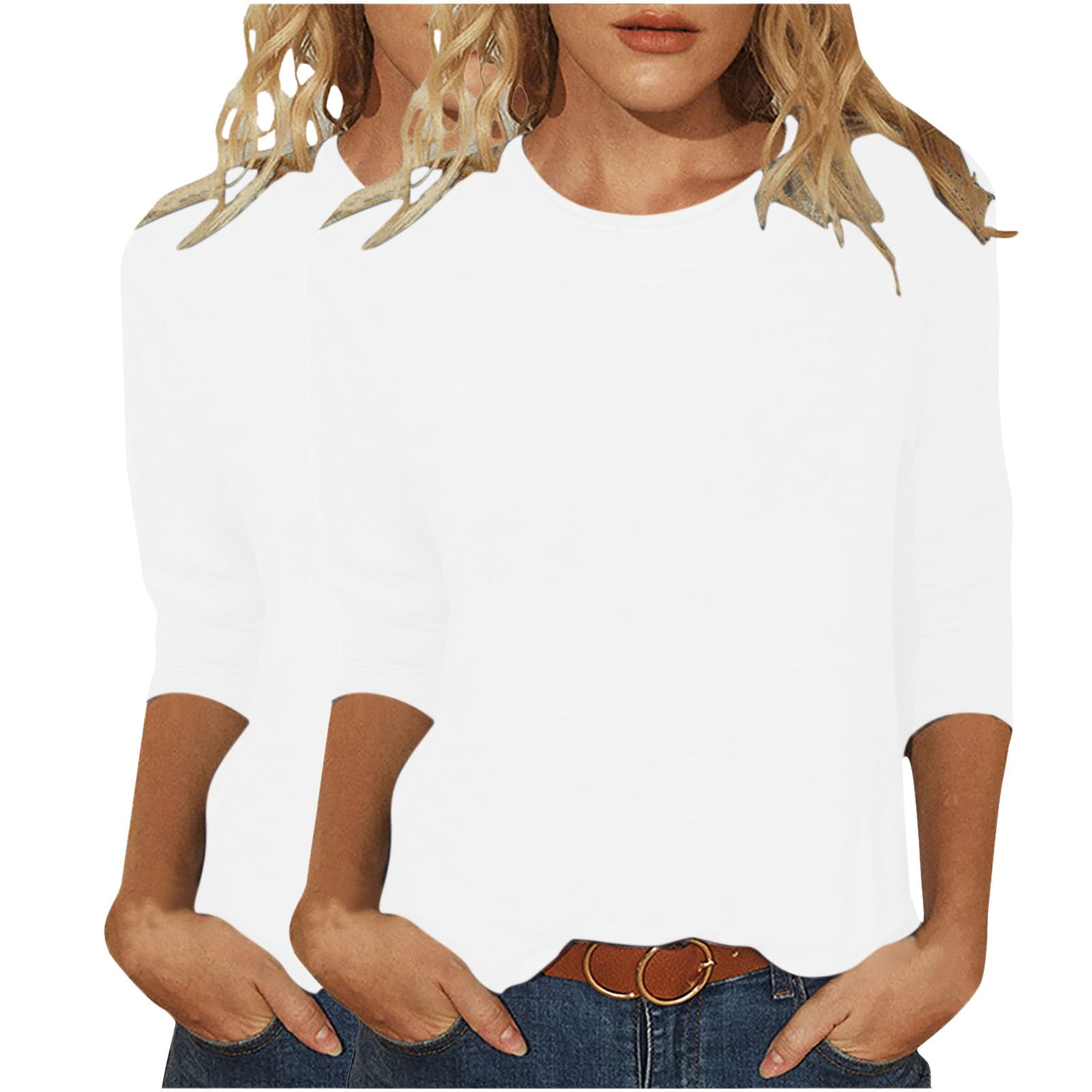 2pc 3/4 Sleeve Tops Womens Crew Neck Basic Tshirts Solid Loose Cute Tunic Tee Blouses Fitting ...