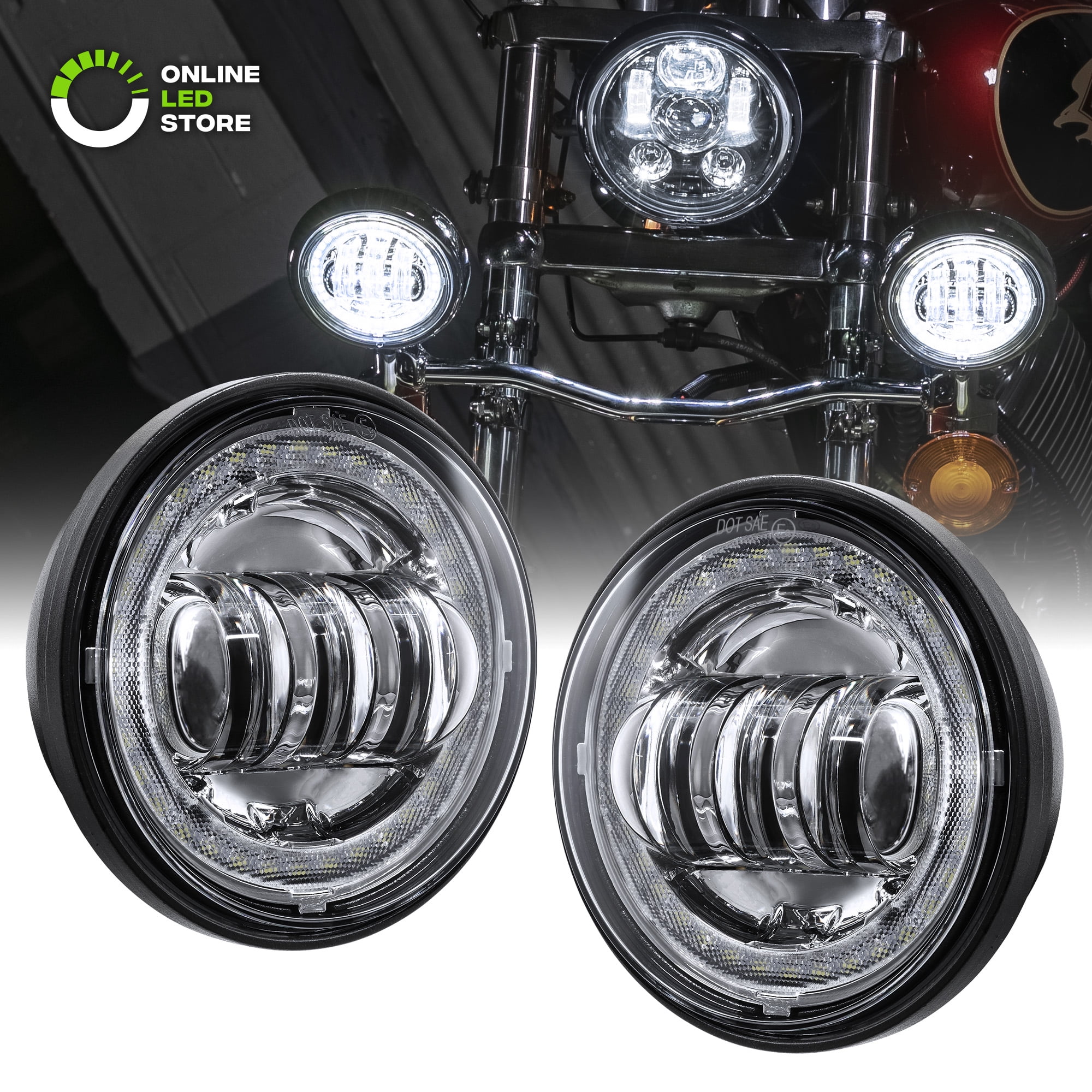 2pc 4.5" Round LED Passing/Fog Light [Chrome Housing] [Halo White DRLs ...