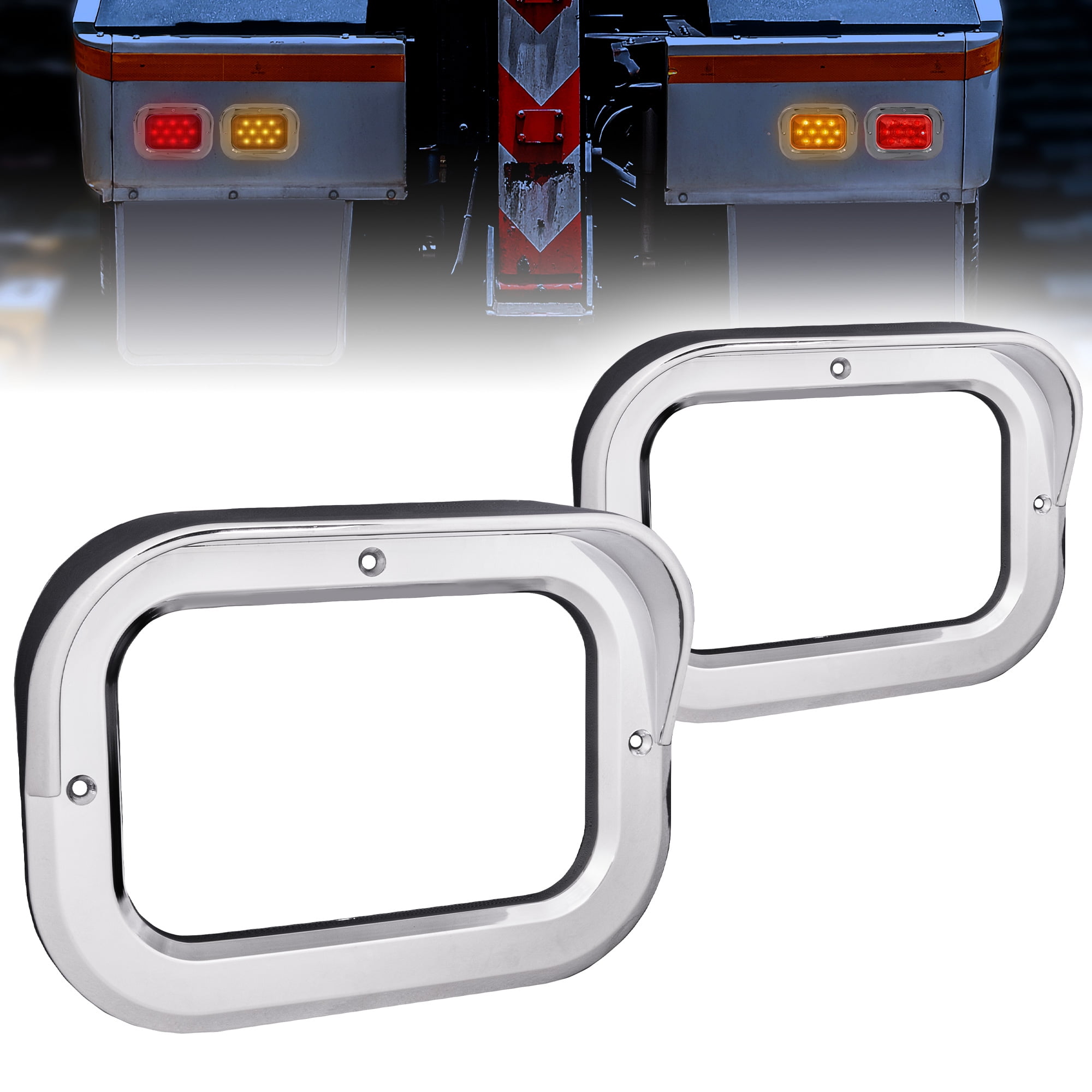 2pc 5" x 3" Rectangular LED Tail Light Chrome Visor Bezel [Install-On ...