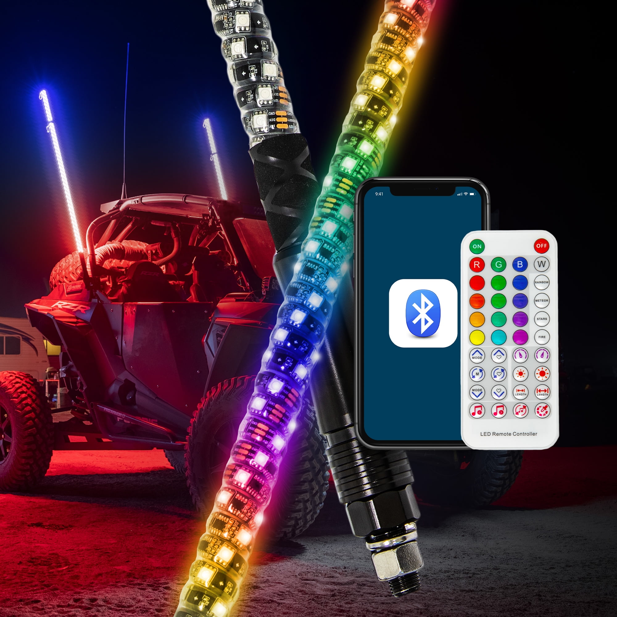 2pc 5ft Spiral LED Whip Light for UTV ATV [Bluetooth] [Smart Phone ...