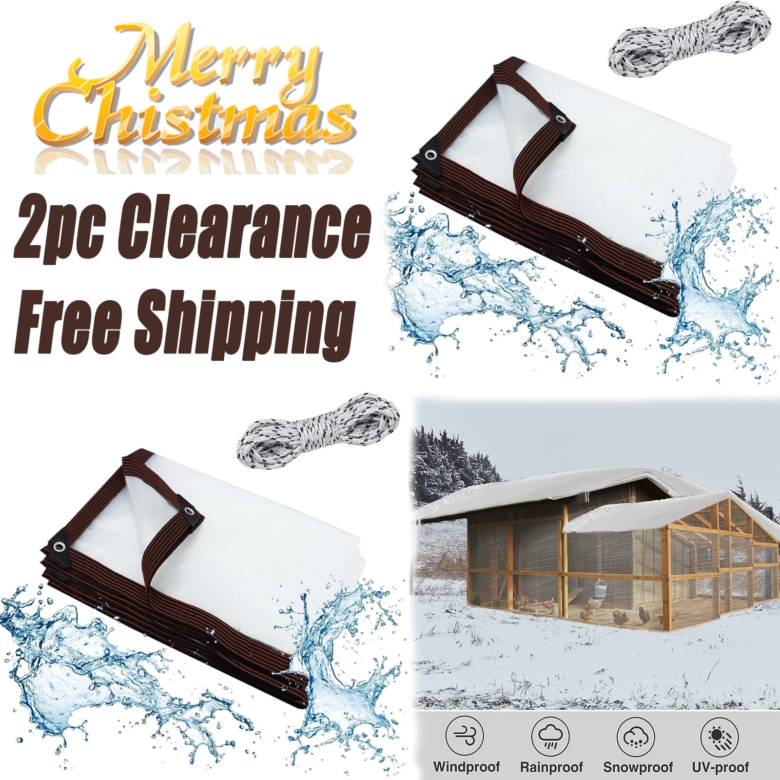 2pc 6X6FT Clear Waterproofs Tarps(Increase Grommets+Windproof Rope ...