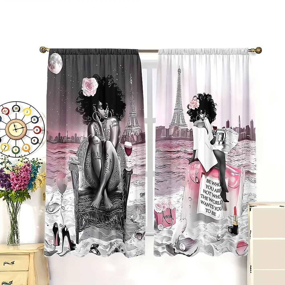 2pc African American Woman Print Curtain Rod Pocket Red Lip Digital ...