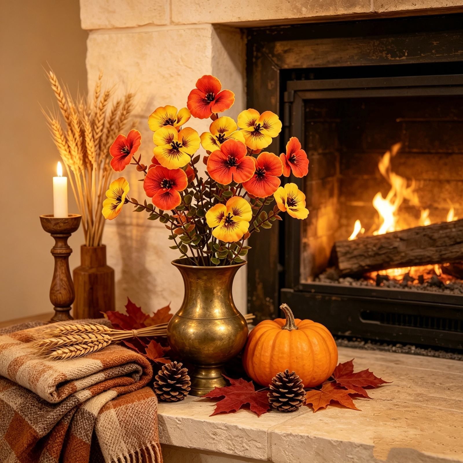 2pc Artificial Fall Flowers, Orange Yellow Silk Pansy Bouquet Faux ...
