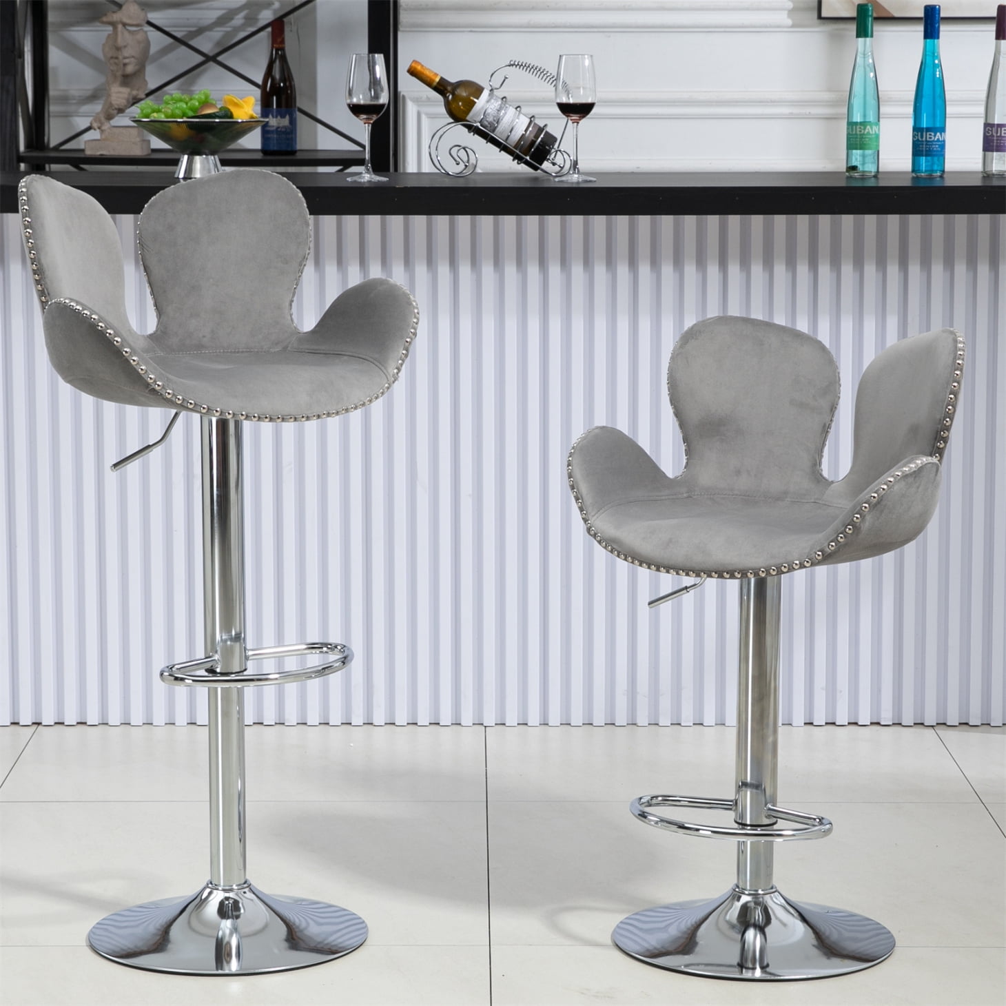 2pc Bar Stools with Footrest, Comfy Velvet Bar Chairs Stools Set Of 2 ...