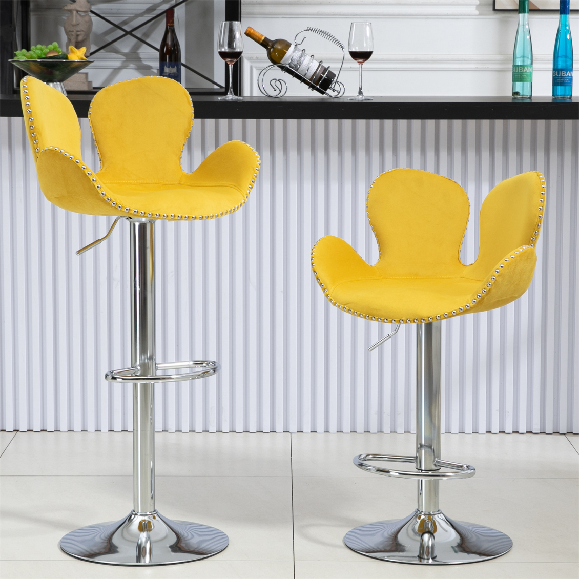 2pc Bar Stools with Footrest, Comfy Velvet Bar Chairs Stools Set Of 2 ...