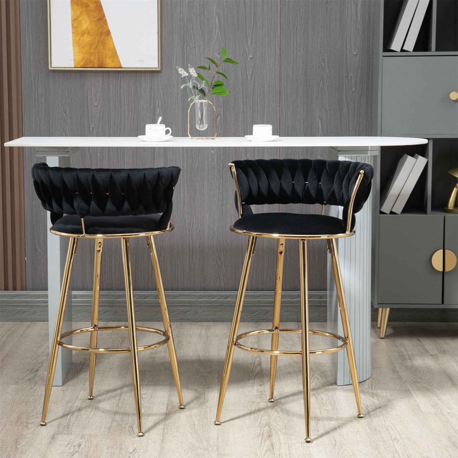 2pc Bar Stools with Footrest, Velvet Bar Stools Set of 2, Barstools ...